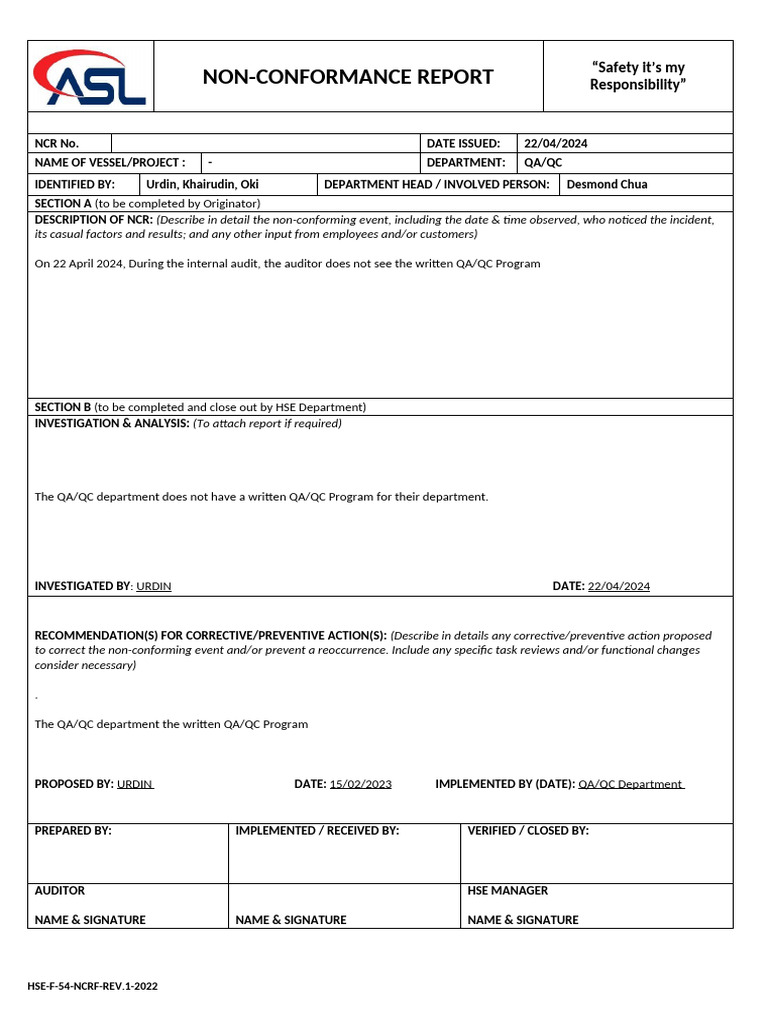 NCR Qaqc | PDF NCR Qaqc | PDF