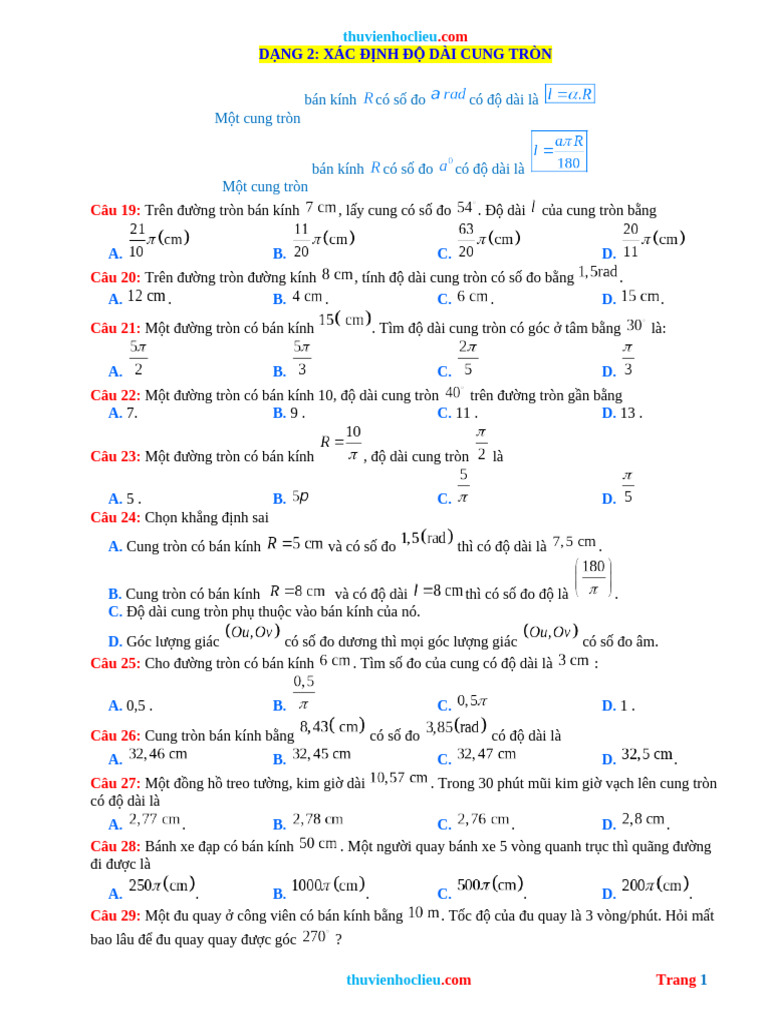 Toan 11 Dang 2 XAC DINH DO DAI CUNG TRON | PDF