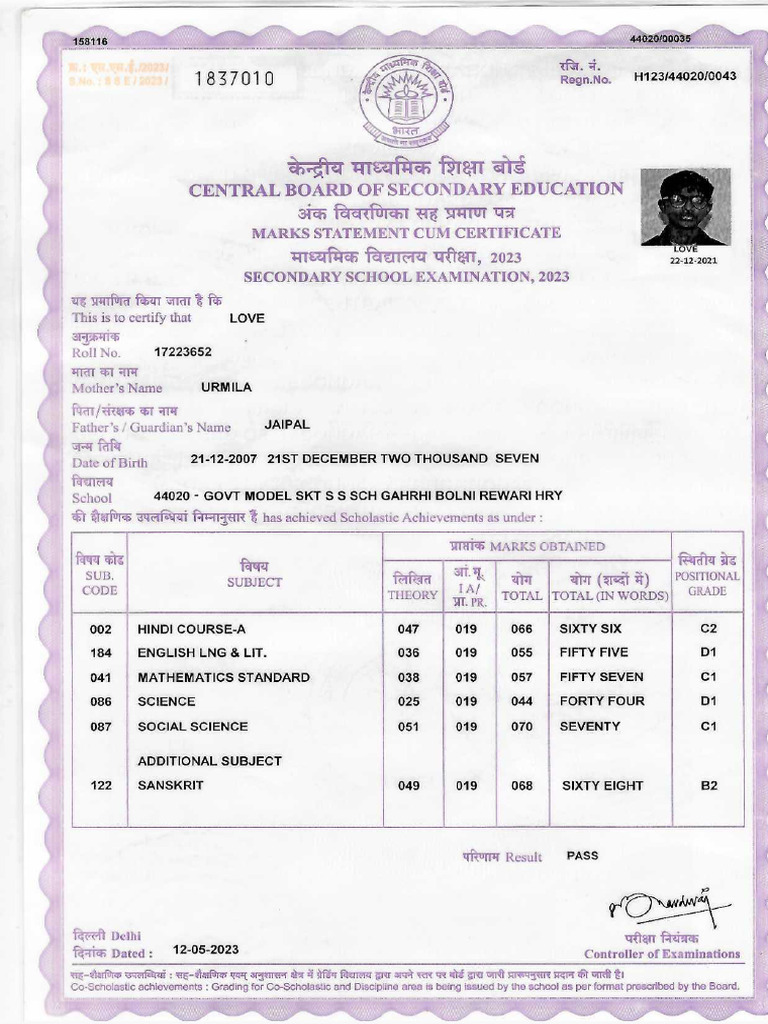 Class X Certificate | PDF