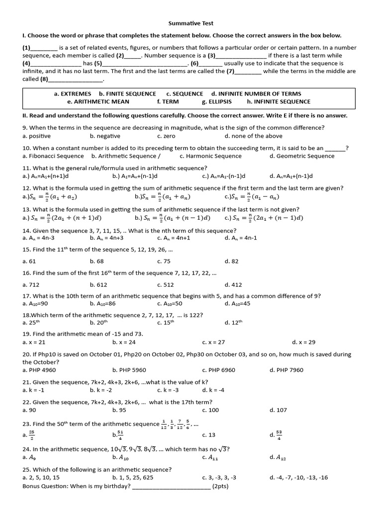 Summative Test 2 | PDF | Sequence | Numbers