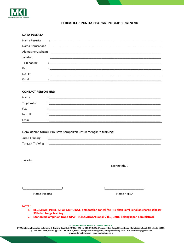Formulir Pendaftaran Training | PDF