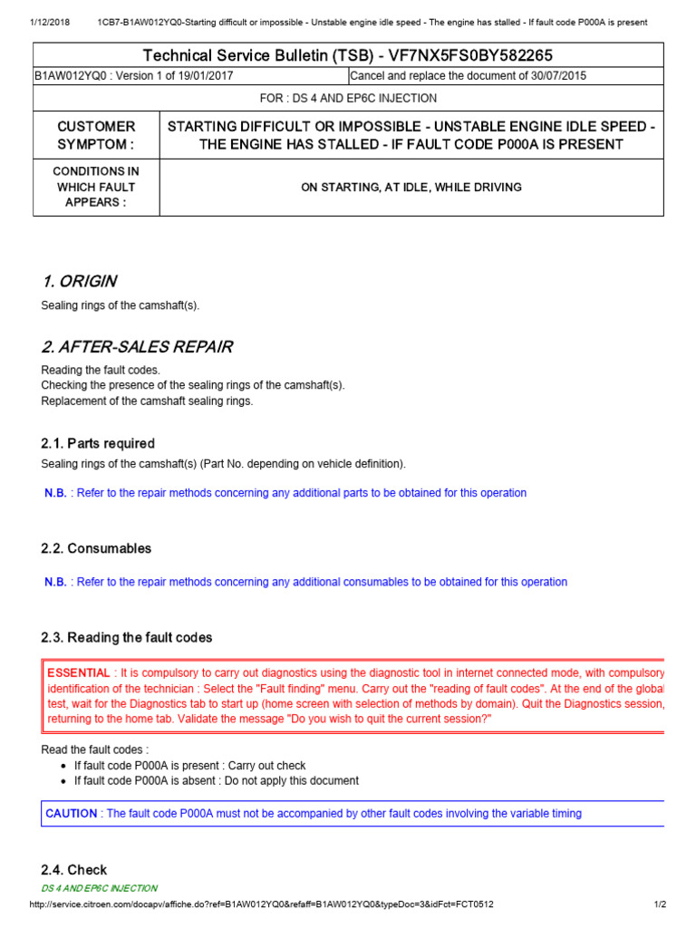 Citroen P000A Engine Stalling TSB | PDF | Technology & Engineering