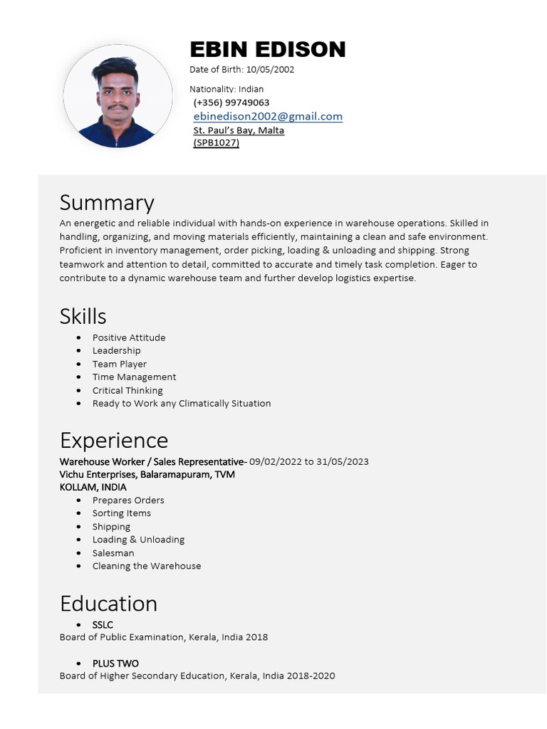 Warehouse Operations Resume of Ebin Edison | PDF