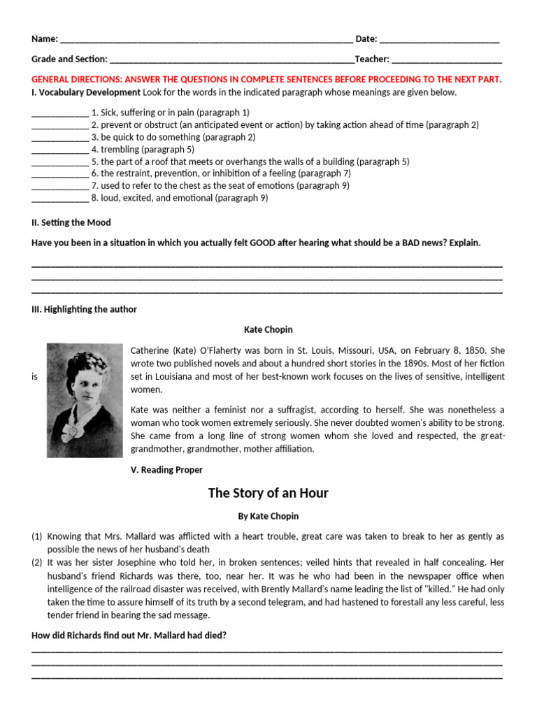 The Story of An Hour by Kate Chopin Worksheet 1 | PDF