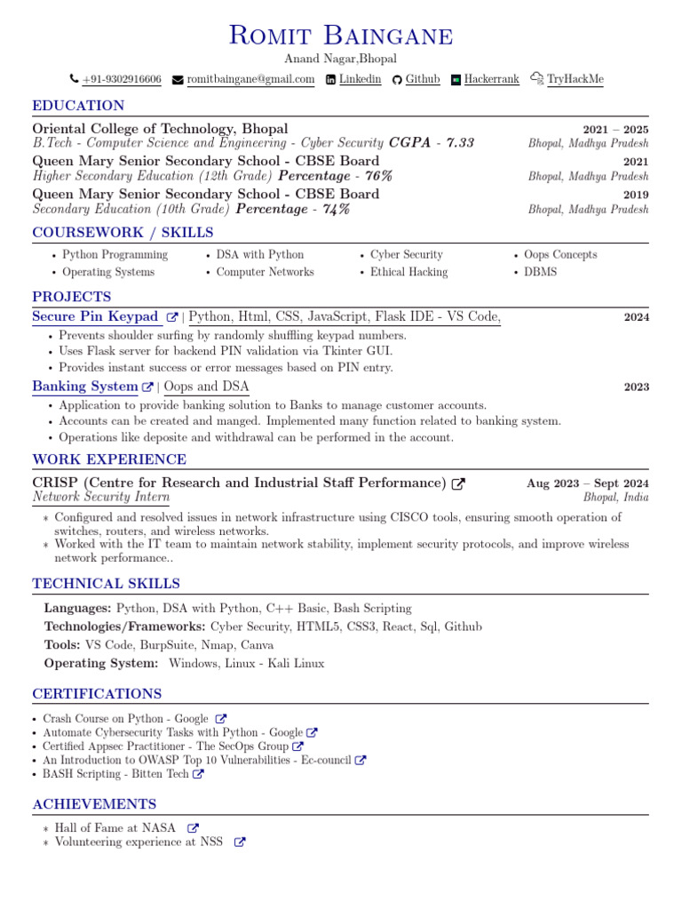 Romit Baingane Resume | PDF | Computer Security | Security