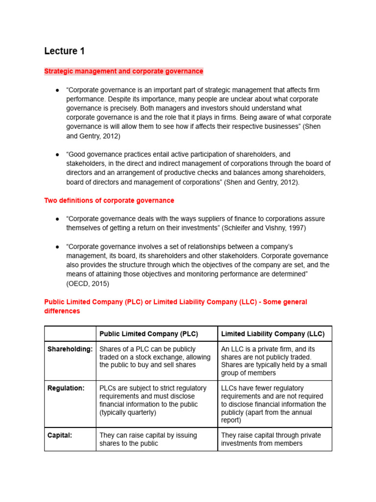 Corporate Governance (Lecture Notes) | PDF | Corporate Governance ...
