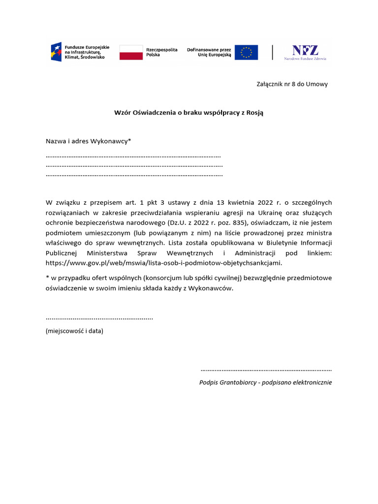 Załącznik NR 8 Do Umowy - Wzór Oświadczenia o Braku Współpracy Z Rosją | PDF