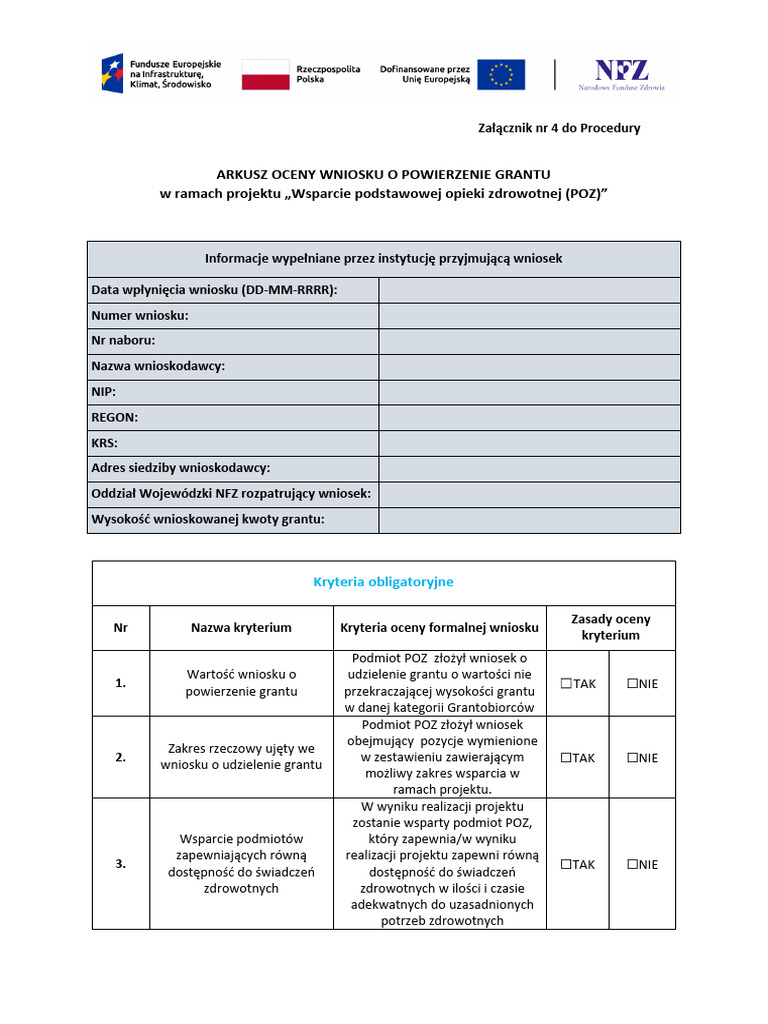 Zał. 4 - Arkusz Oceny Wniosku o Powierzenie Grantu | PDF