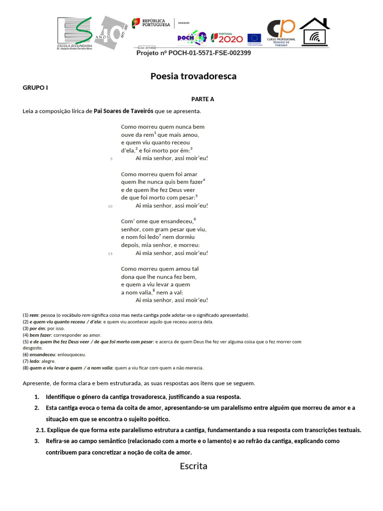 Ficha de Trabalho Revisões Poesia Trovadoresca e Fernão Lopes | PDF | Amor