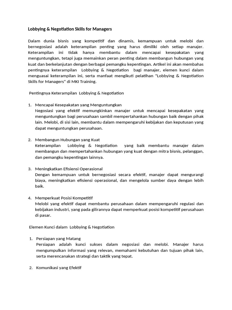 Lobbying & Negotiation Skills For Managers | PDF