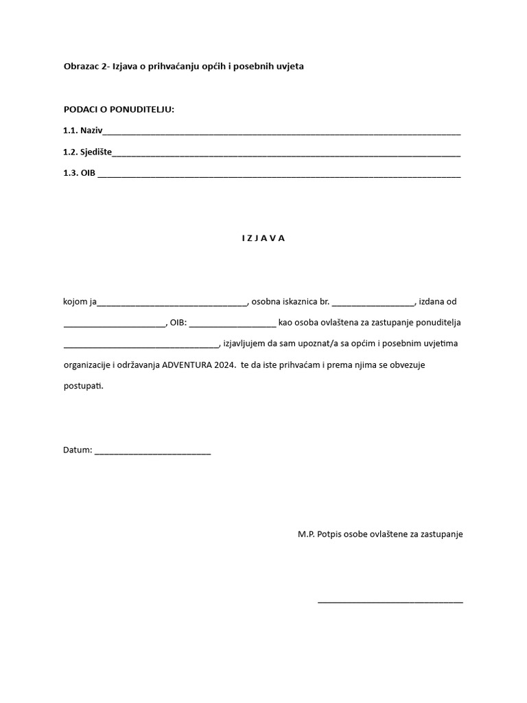 Obrazac 2 Izjavaoprihvaanjuopihiposebnihuvjeta | PDF