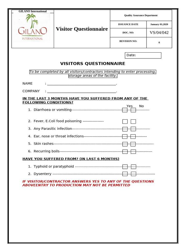 042 VS-04-042 Visitor Questionnarie | PDF | Hygiene | Diseases And Disorders
