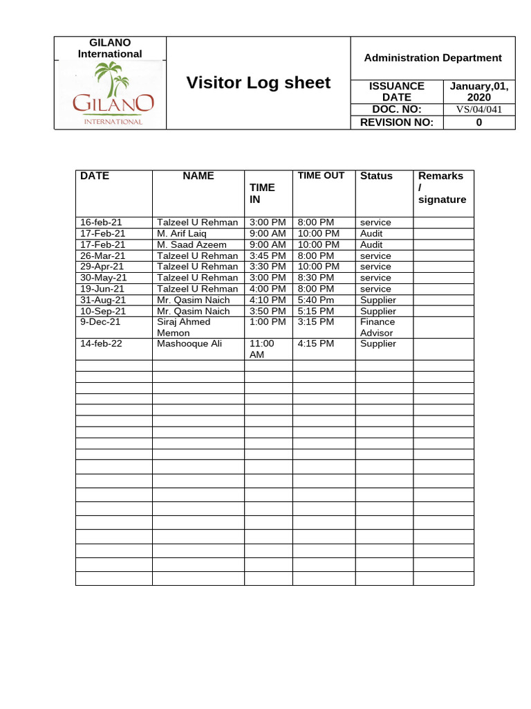VS-04-041 Visitor Log Sheet | PDF