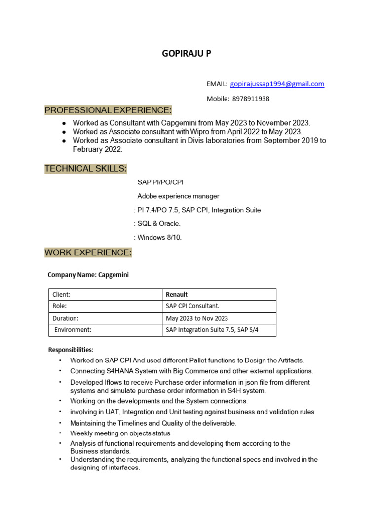 Gopi Raju Palla SAP CPI Resume | PDF | Computing | Software Gopi Raju Palla SAP CPI Resume | PDF | Computing | Software