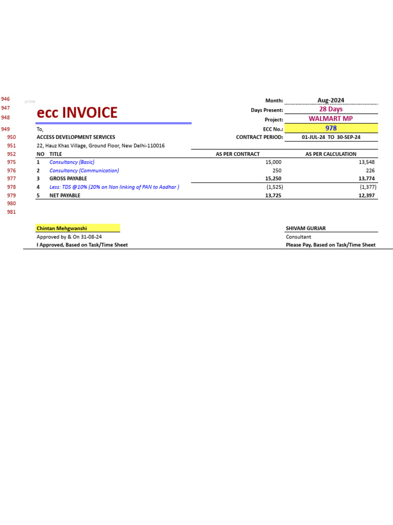 Walmart MP Consultancy Invoice August 2024 | PDF