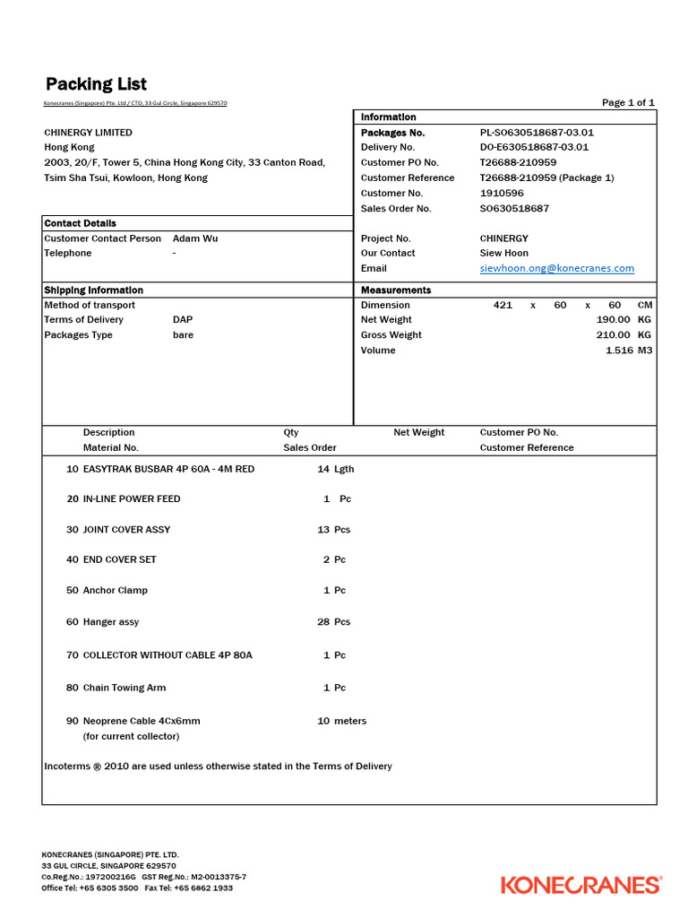 Packing List PL-SO630518687-03 Busbar Items | PDF