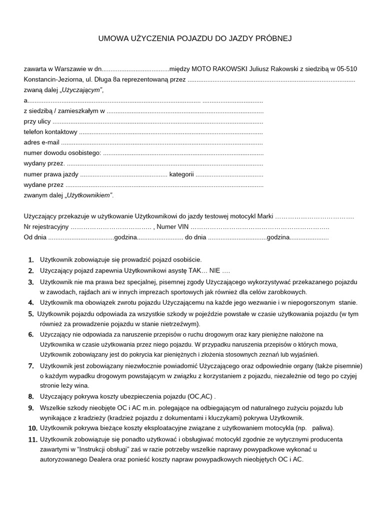 UMOWA Uzyczenia | PDF