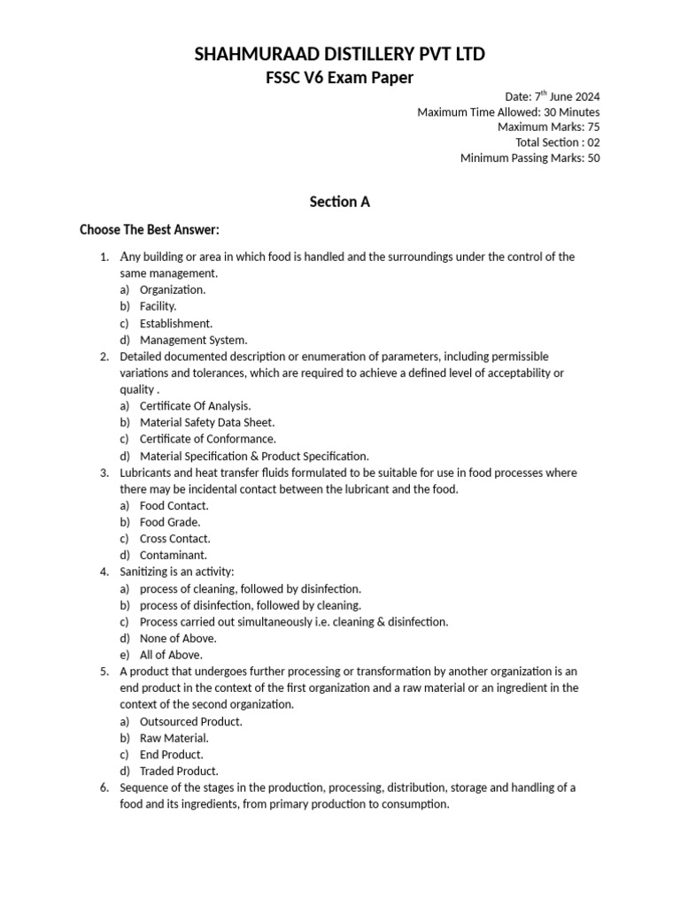 FSSC Exam Sheet (Shahmuraad Distillery 7 June 2024) | PDF | Specification (Technical Standard ...