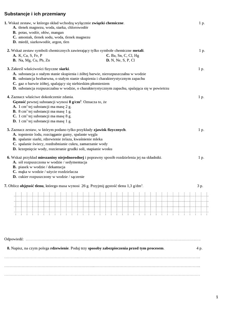 Substancje I Ich Przemiany. Powtórzenie.1 | PDF