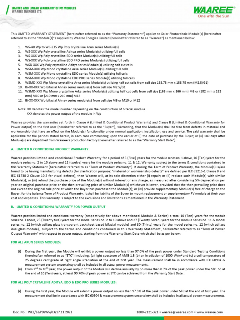 Waaree Solar Module Warranty Details | PDF | Damages | Legal Liability
