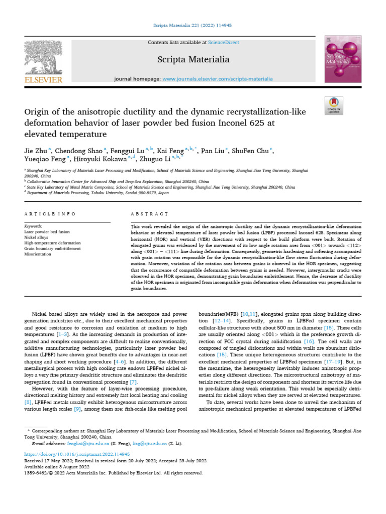 Aniso - IN625 - Ductility - Jie Zhu - Scripta Materialia - 2022 | PDF | Fracture | Plasticity ...