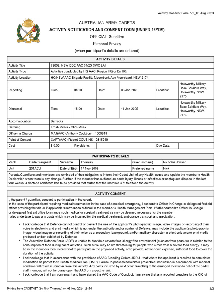 Australian Army Cadets Consent Form | PDF