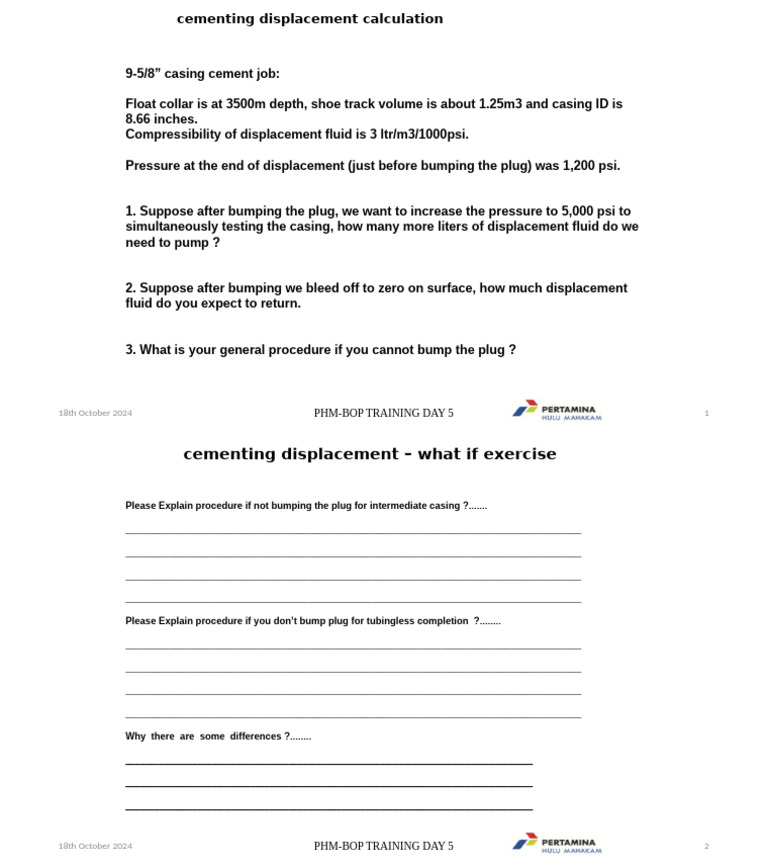 cementing displacement calculation | PDF | Casing (Borehole)