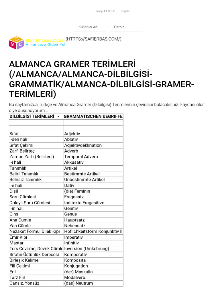 Almanca-Dilbilgisi - Gramer Terimleri | PDF