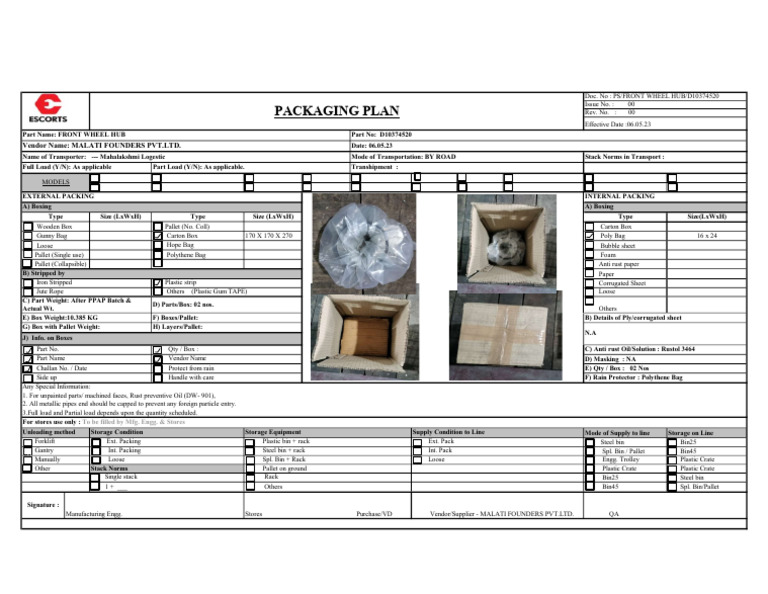Packaging Plan for Front Wheel Hub | PDF | Pallet | Packaging And Labeling