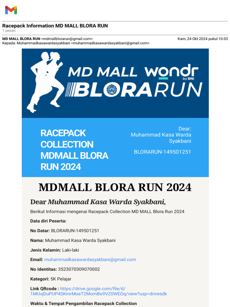 Gmail - Racepack Information MD MALL BLORA RUN | PDF
