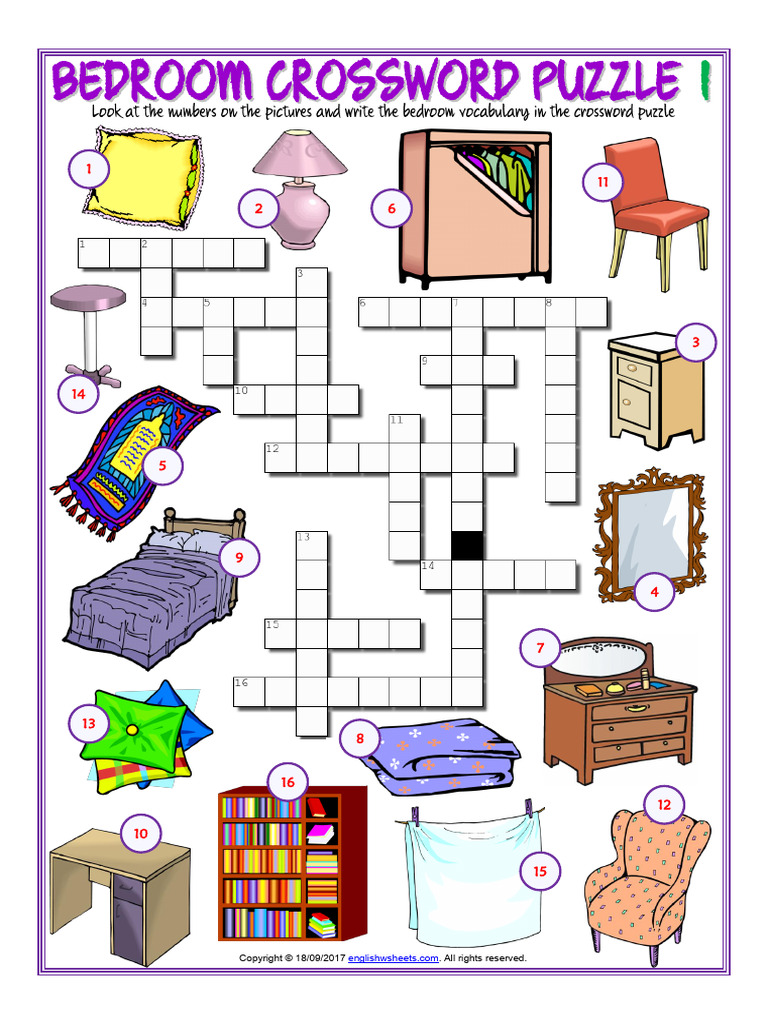 Bedroom Vocabulary Esl Crossword Puzzle Worksheets For Kids | PDF
