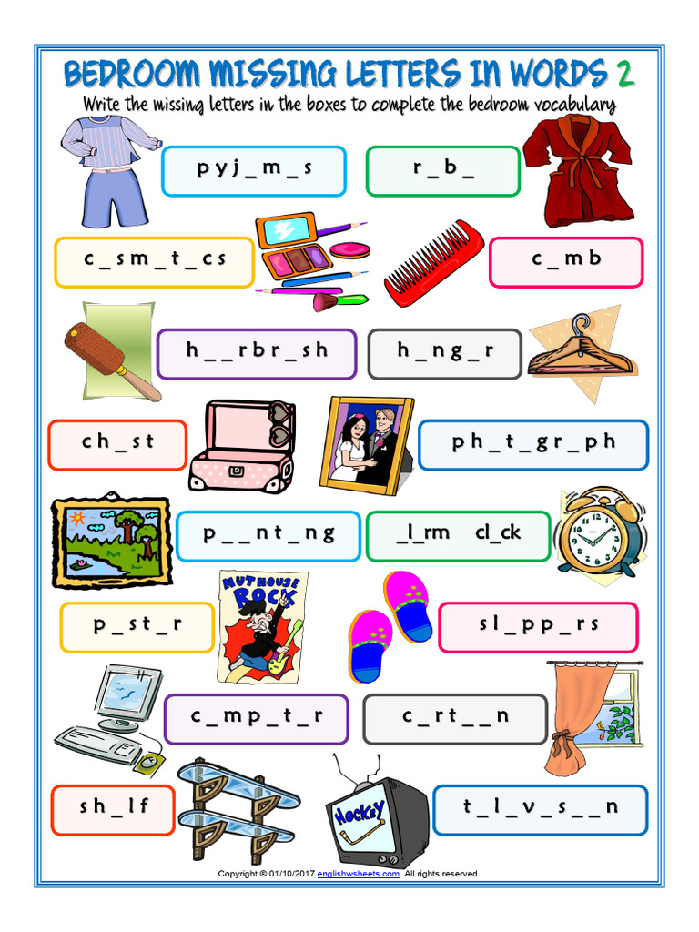 Bedroom Vocabulary Esl Missing Letters in Words Worksheets 2 For Kids | PDF