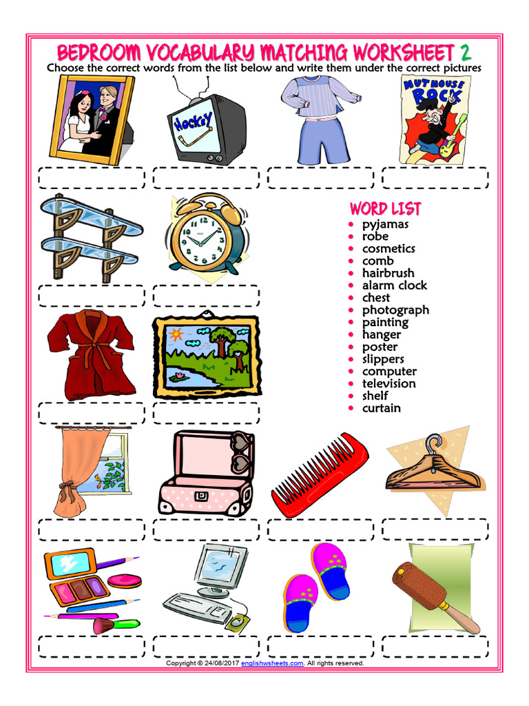 Bedroom Vocabulary Esl Matching Exercise Worksheets 2 For Kids | PDF