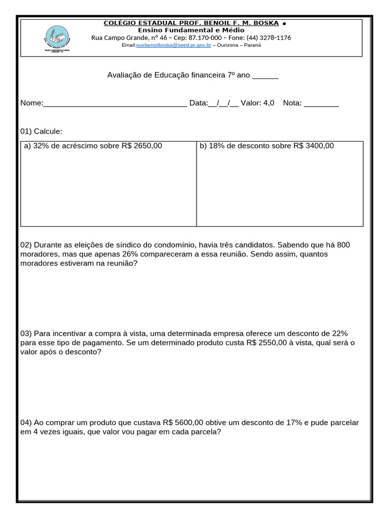 Prova 2 Ed Finan 7 Ano Porcentagem | PDF | Finanças e Administração de ...