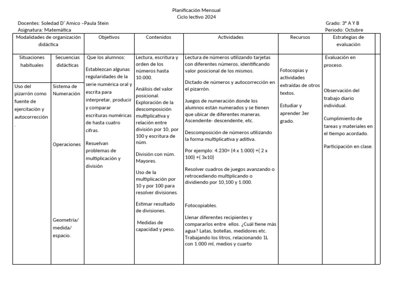 Plani Octubre Mate 2024 | PDF | Evaluación