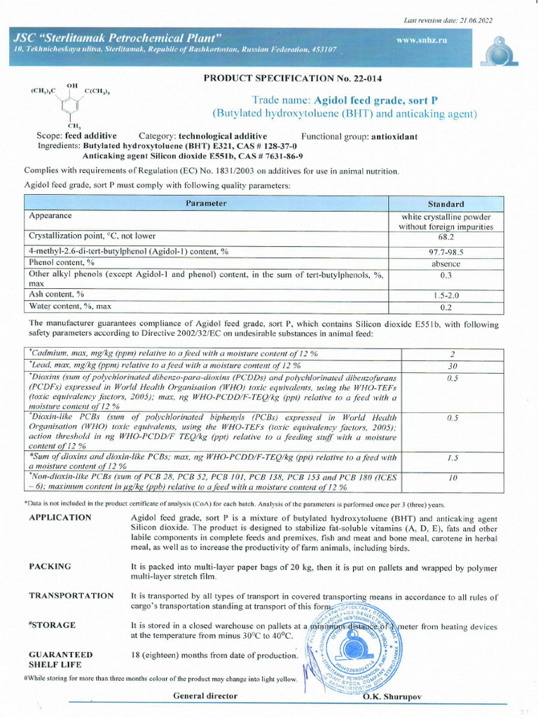 FICHA TECNICA - BHT FEED GRADE (Sterlitamak) - Espec | PDF