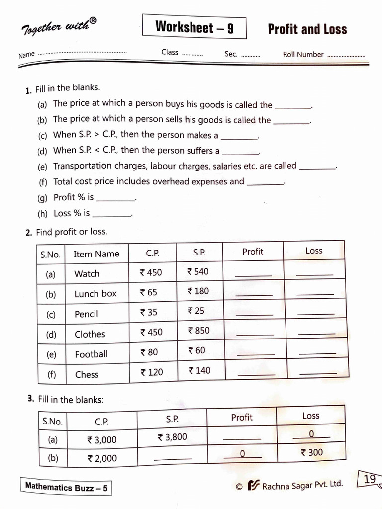 Class 5 - Profit and Loss Revision Worksheet | PDF