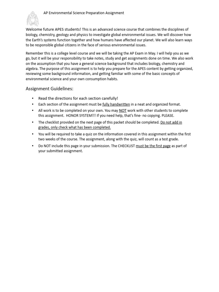 AP Environmental Science Summer Assignment 2024 | PDF | Experiment | Chart
