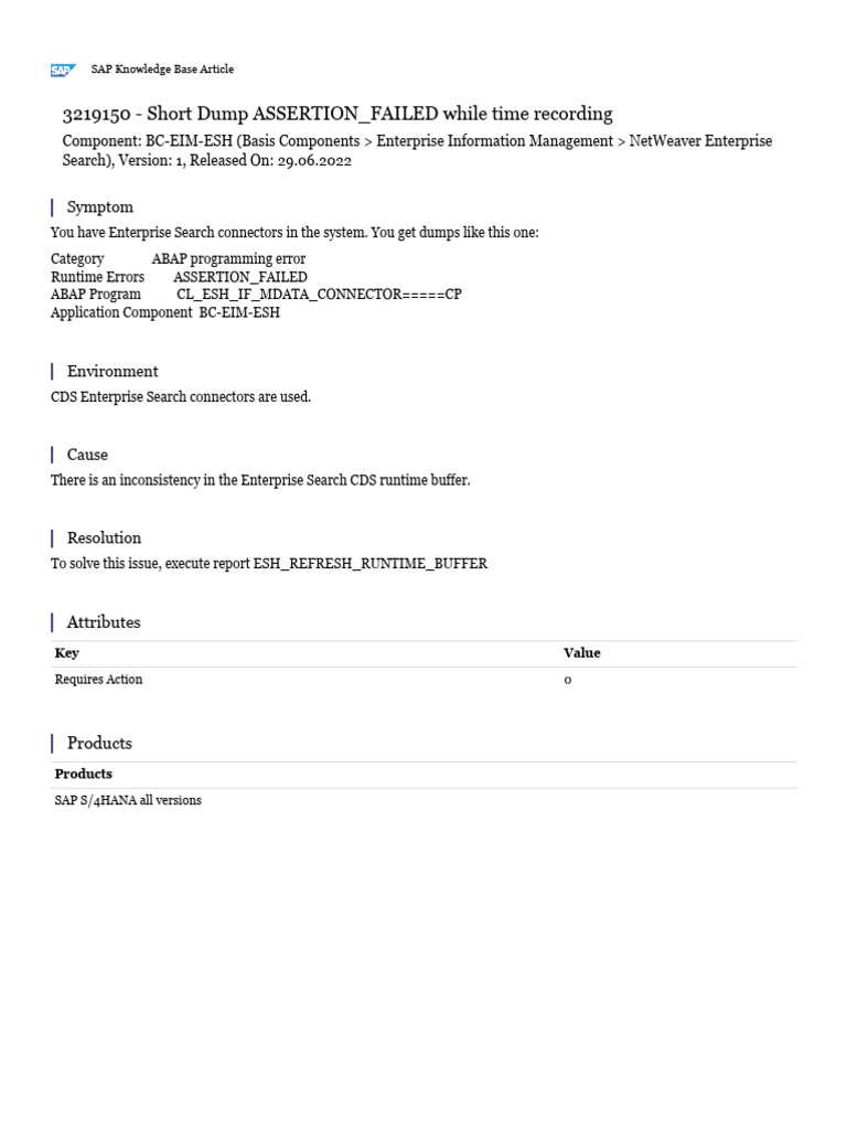 Short Dump ASSERTION - FAILED While Time Recording: Symptom | PDF