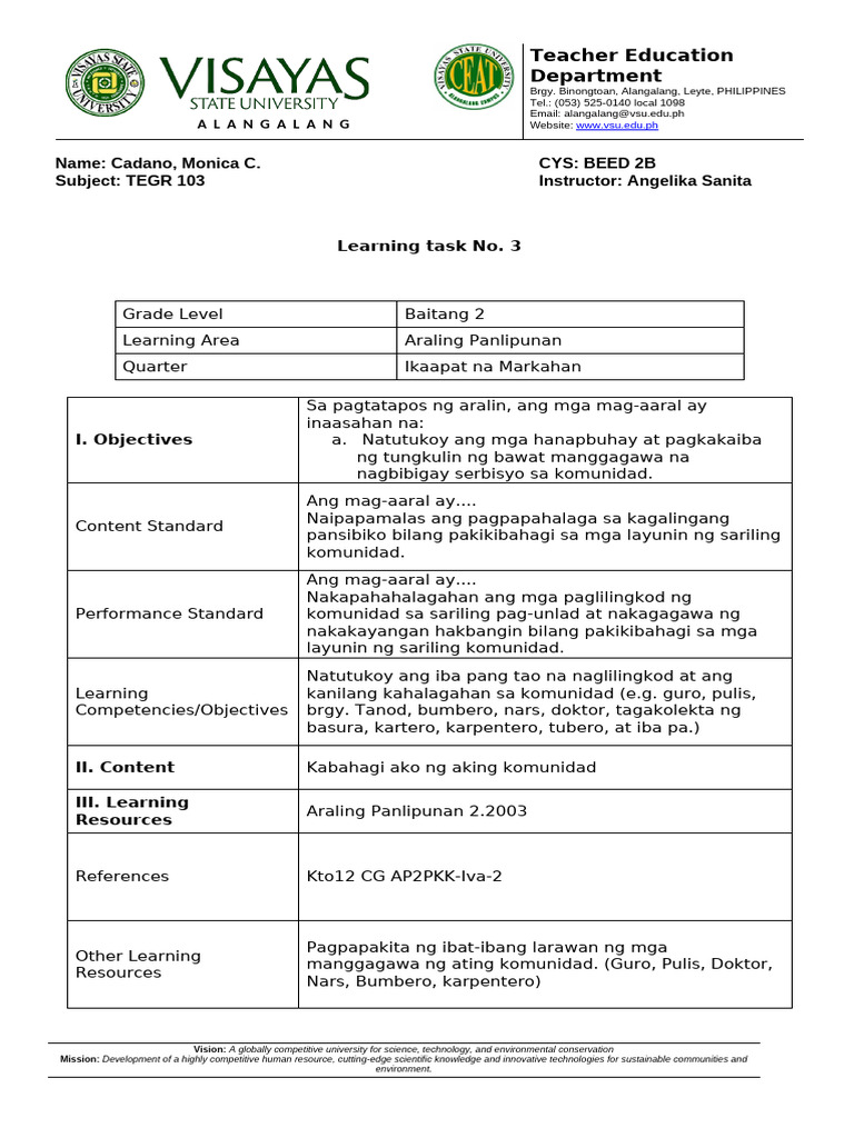 Lesson Plan in TEGr 103 (CADANO, MONICA C. BEED IIB) | PDF