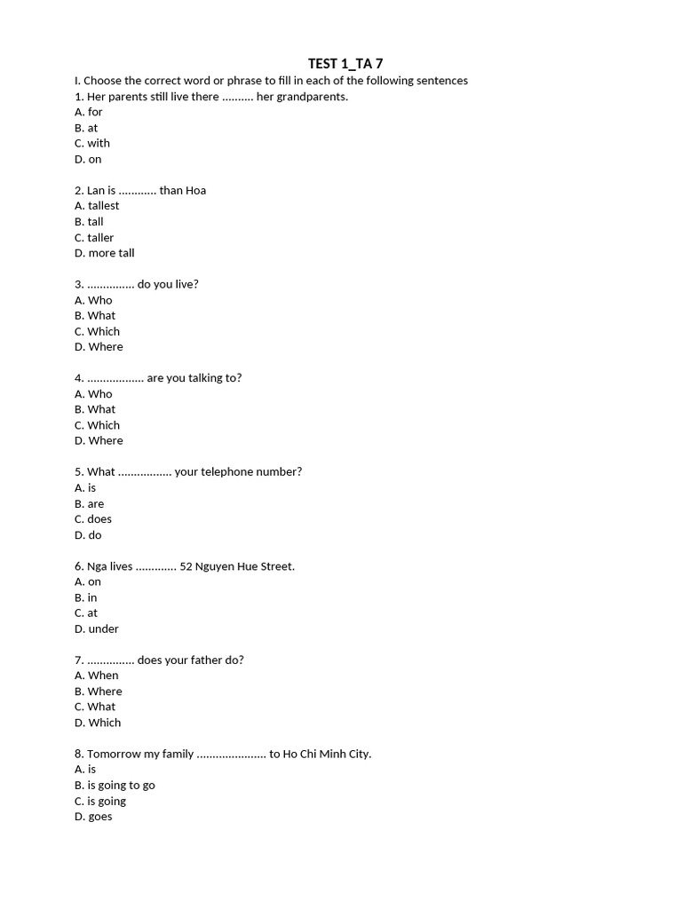 TA7_Test 1 | PDF | Syntax | Grammar