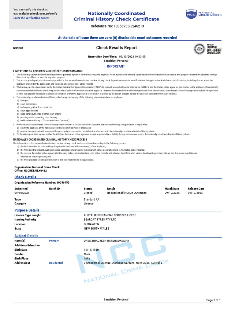 Check Results Report: at The Date of Issue There Are Zero (0 ...