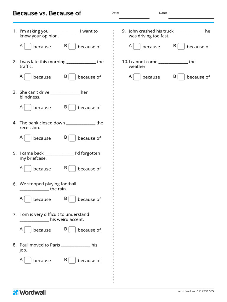 Because Vs Because of Quiz | PDF