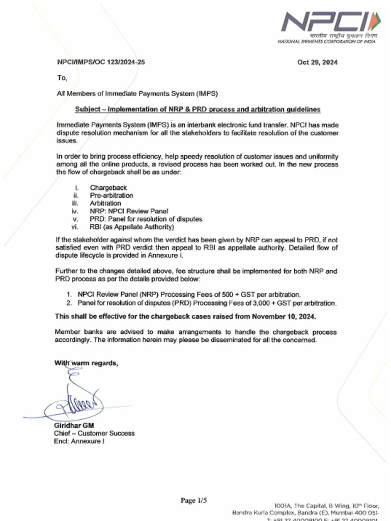 IMPS - OC 123 - Implementation of NRP & PRD Process and Arbitration ...