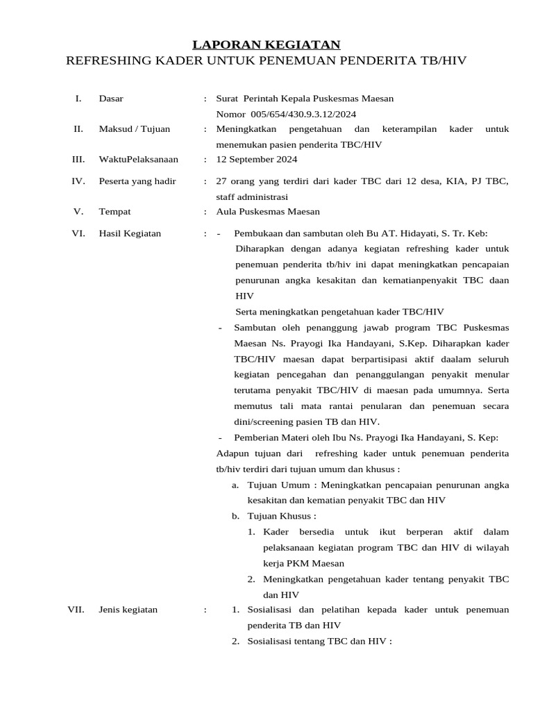 Laporan Refreshing Kader Untuk Penemuan Penderita TB Hiv Juni | PDF