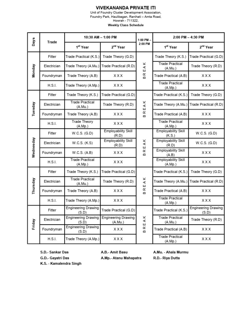 Weekly Class Schedule for ITI Trades | PDF