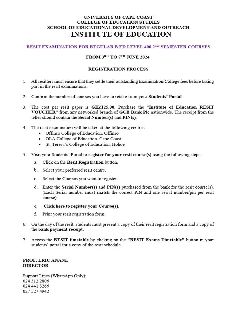UCC B.Ed Resit Exam Guide 2024 | PDF