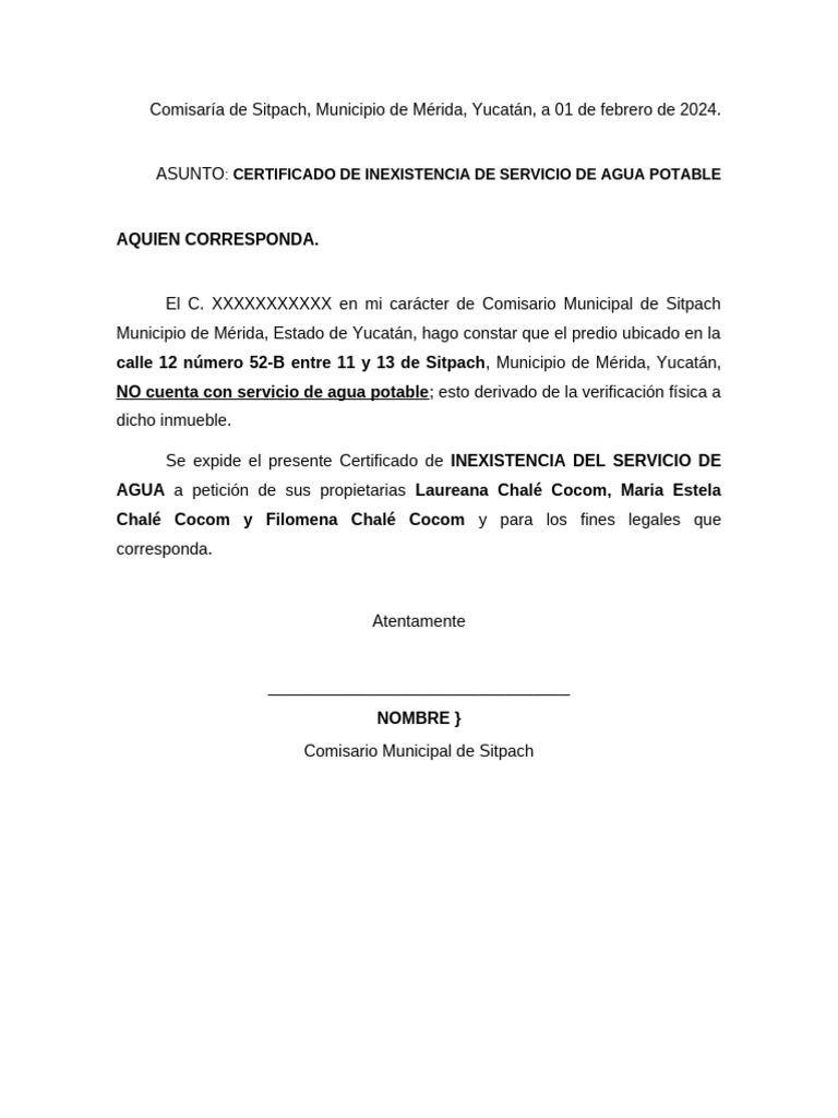 Constancia No Servicio de Agua Sitpach | PDF | Derecho