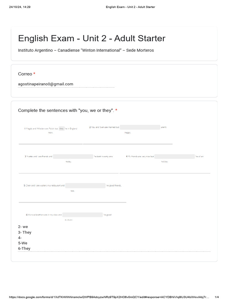 English Exam - Unit 2 - Adult Starter - Agos | PDF