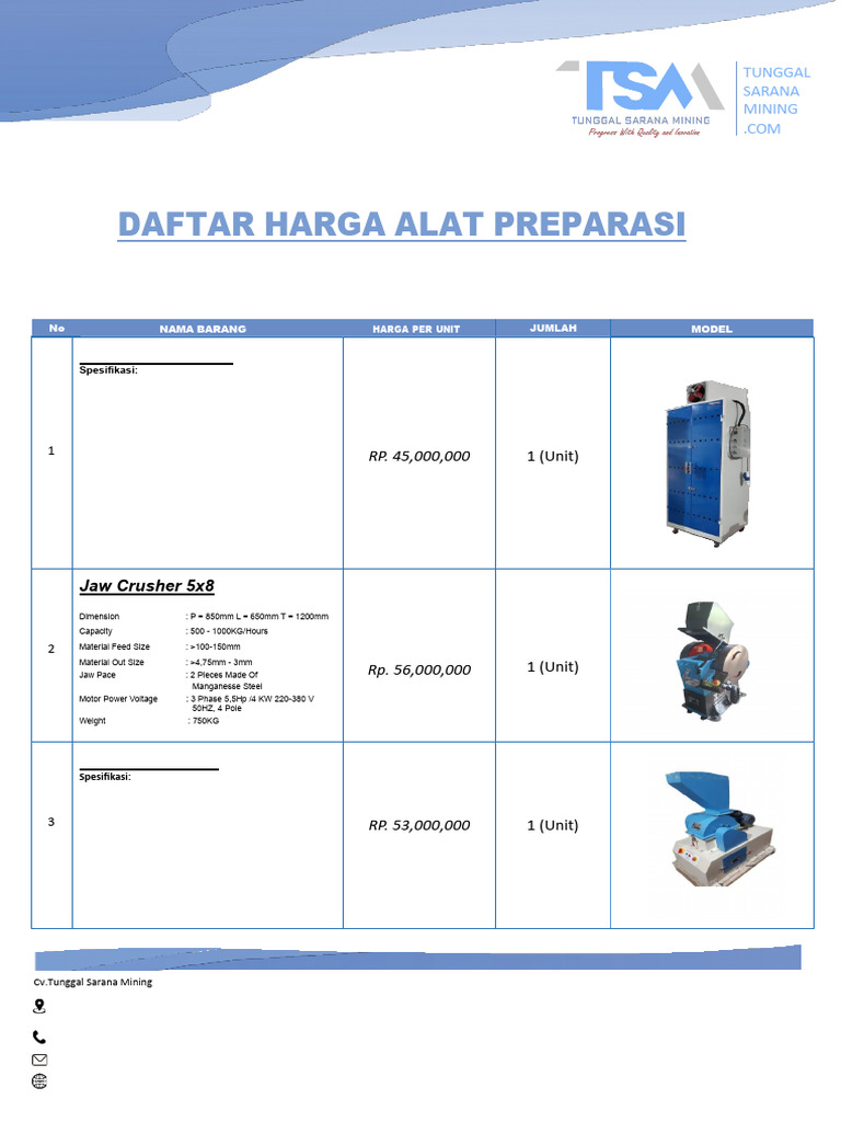 Daftar Harga Alat Preparasi Mining | PDF | Mill (Grinding) | Equipment